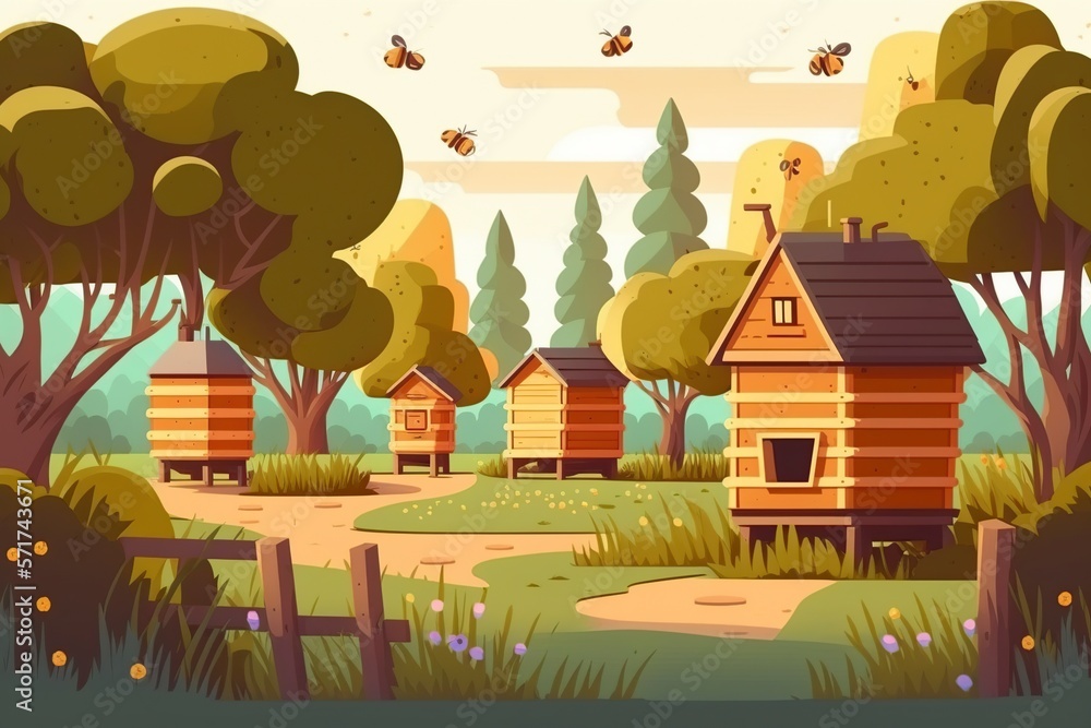 cartoon illustration, a honey bee farm with wooden hives, ai generative ...