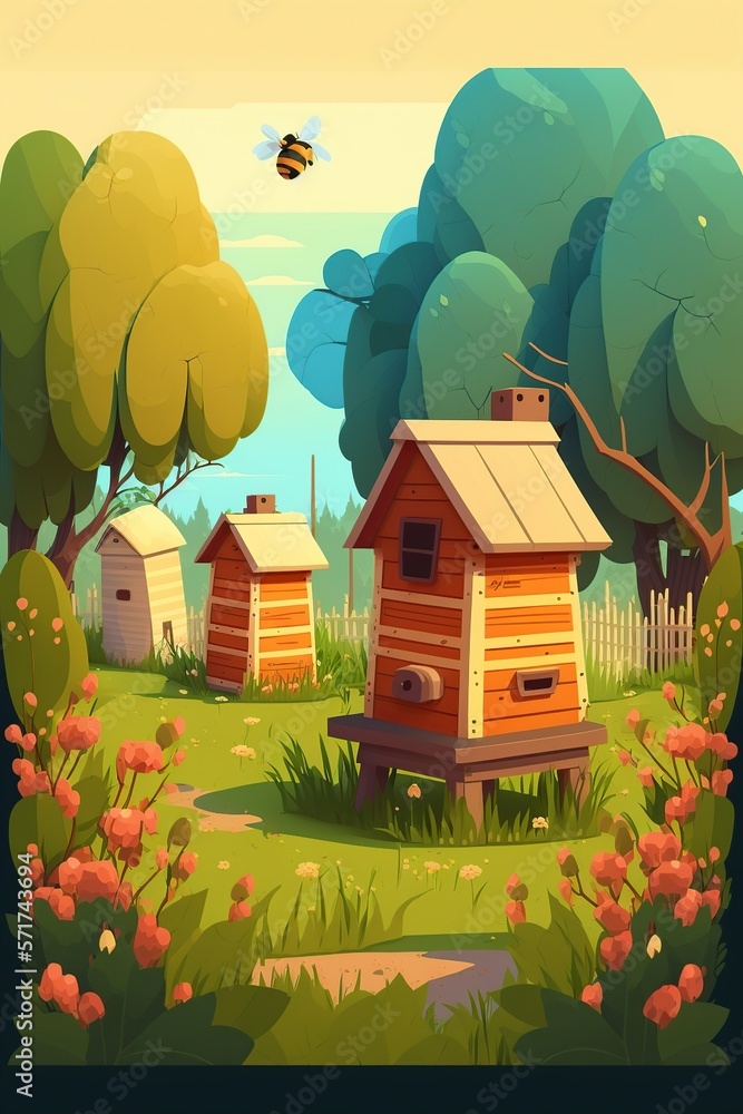 cartoon illustration, a honey bee farm with wooden hives, ai generative ...
