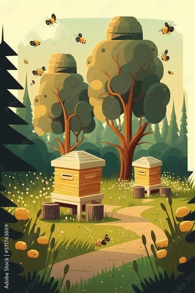 cartoon illustration, a honey bee farm with wooden hives, ai generative ...