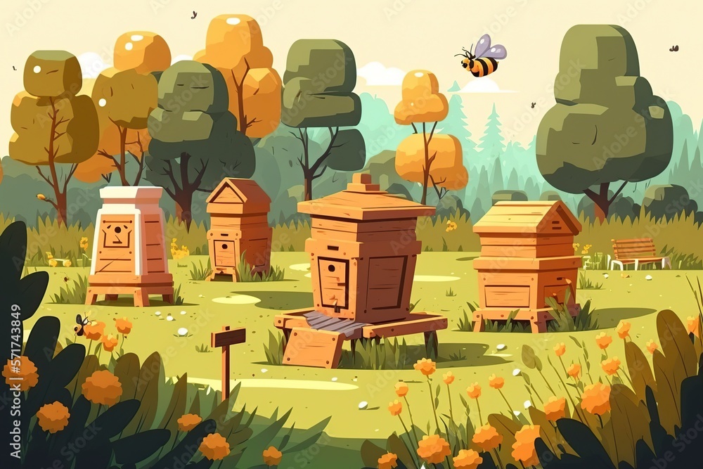 cartoon illustration, a honey bee farm with wooden hives, ai generative ...