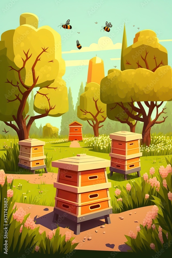 cartoon illustration, a honey bee farm with wooden hives, ai generative ...