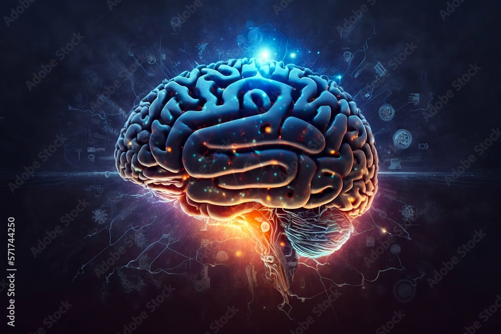 Human Brain processing glow with technology connection data symbols. Generative AI Stock ...