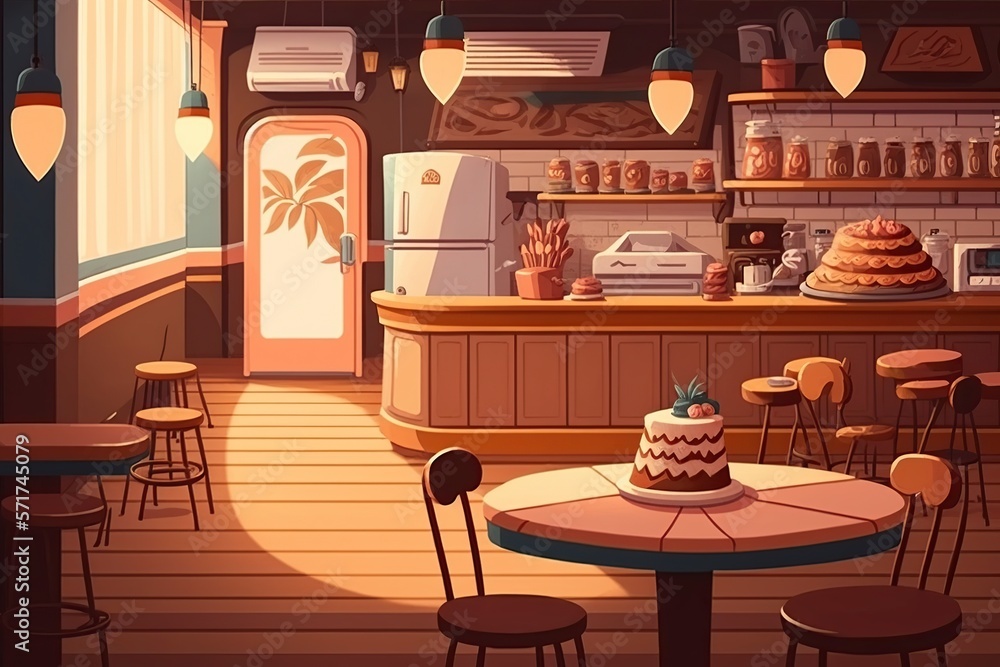 cartoon illustration, interior of a coffee shop, with wooden tables, ai ...