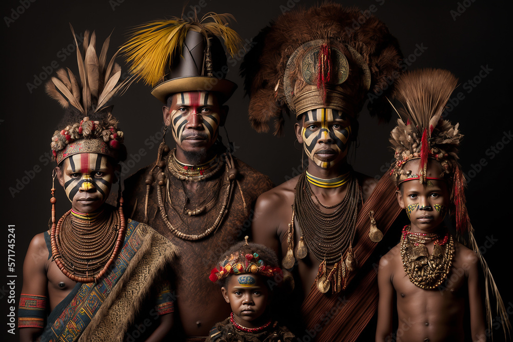 Family portrait of Huli Wigmen tribe from Papua New Guinea. Ai ...