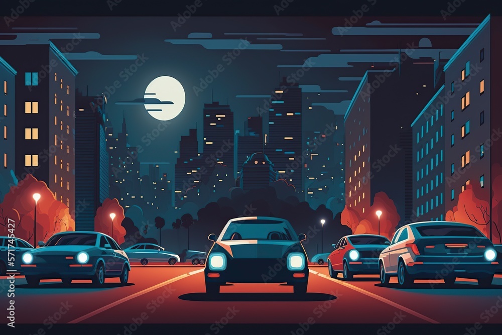 cartoon illustration, cars in the city parking lot with street lamps at ...