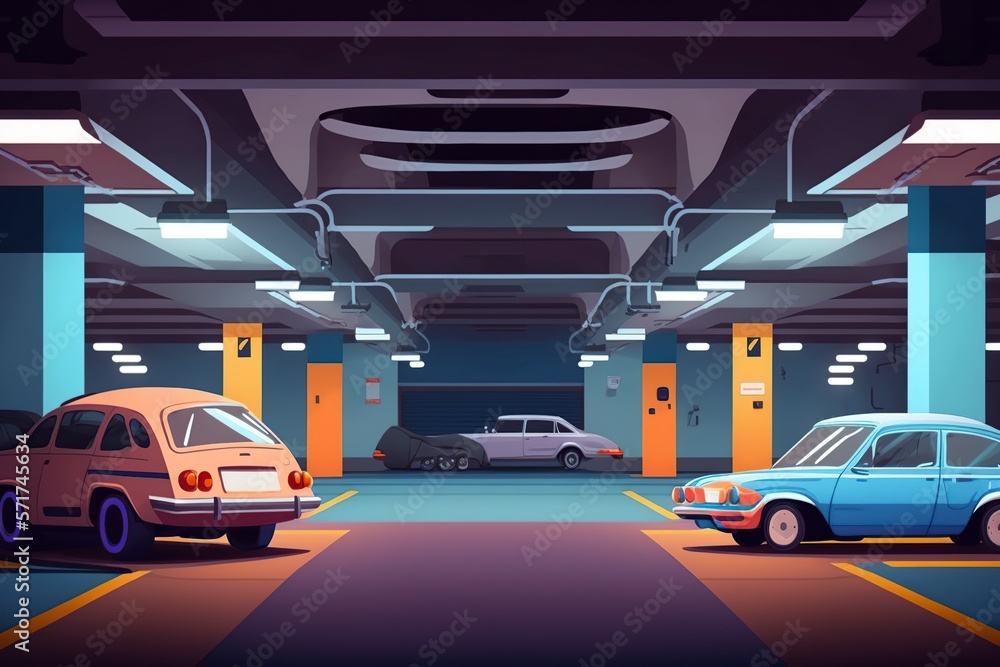 cartoon one illustration, full mall parking underground garage interior ...