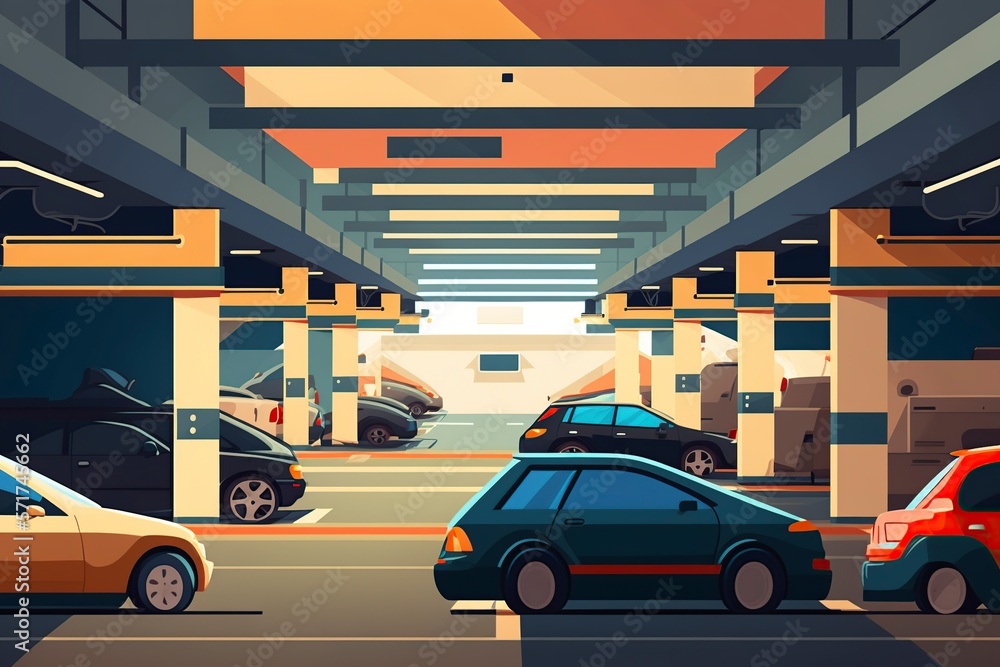 cartoon one illustration, full mall parking underground garage interior ...