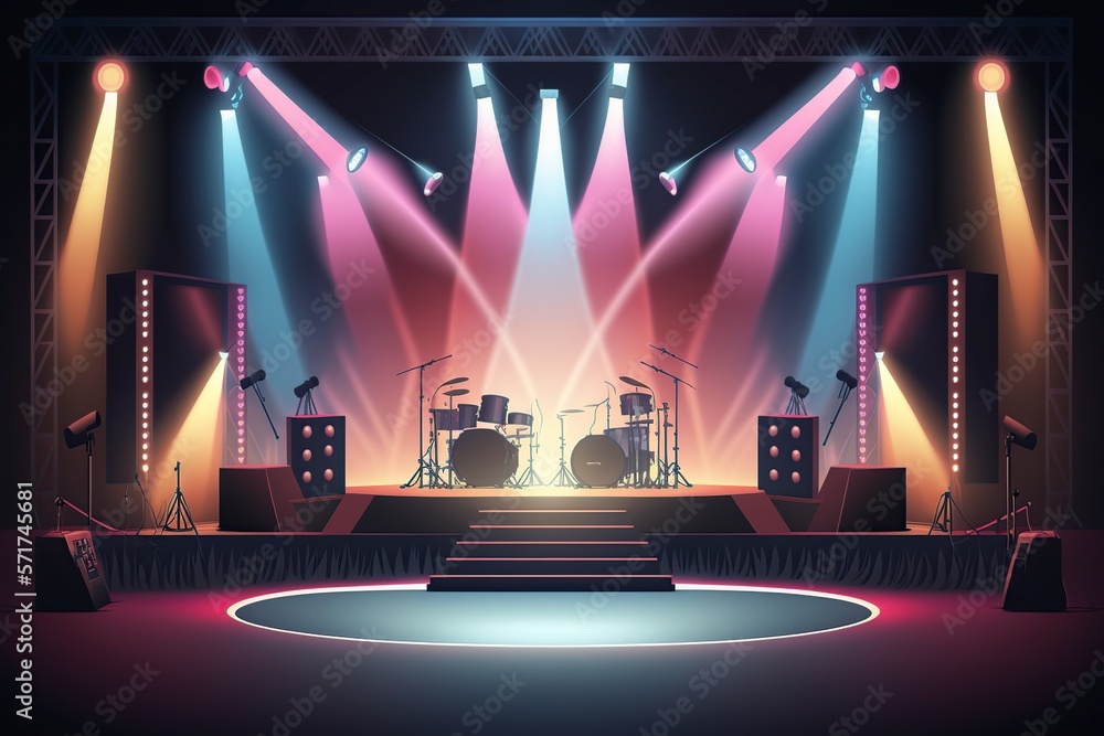 cartoon illustration, concert stage with bright decoration and ...