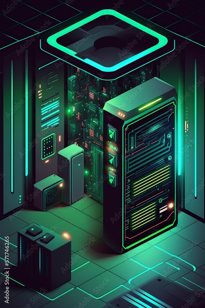 cartoon illustration, interior of futuristic data center or server room ...