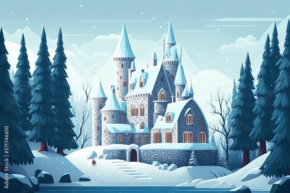 cartoon illustration, a magic castle in the fairy tale of the frozen ...