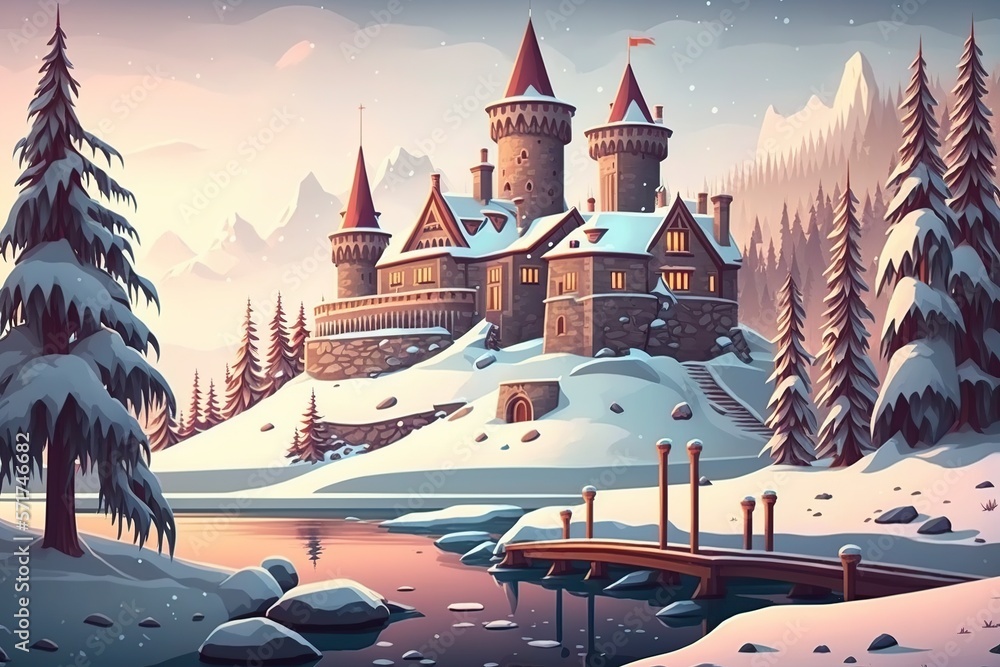 cartoon illustration, a magic castle in the fairy tale of the frozen ...