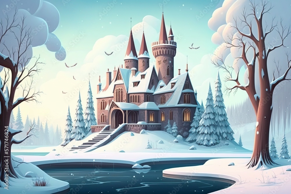 cartoon illustration, a magic castle in the fairy tale of the frozen ...
