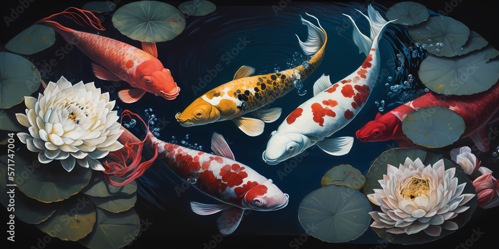 Japanese koi fish swimming gracefully in a beautiful Ben as background ...
