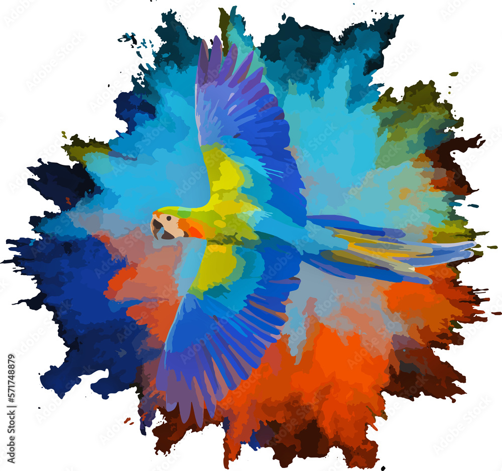 Colorful powder explosion with Macaw parrot flying isolated on ...