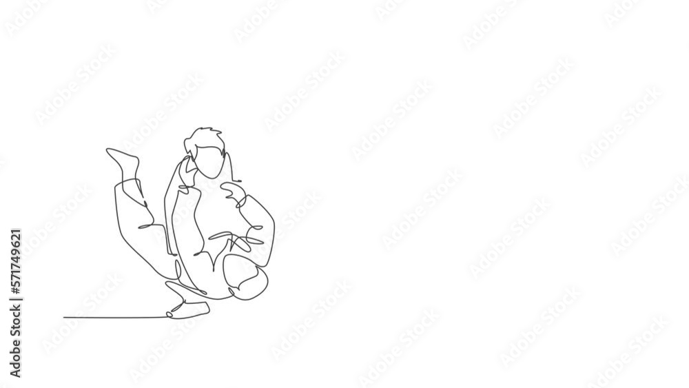 Animated self drawing of one continuous line draw two young sporty men ...