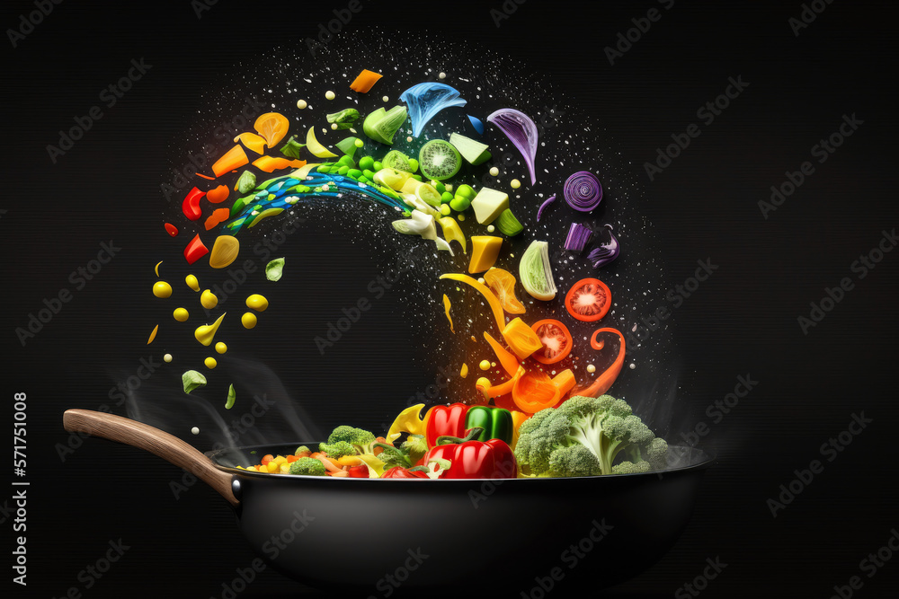 Colorful vegetables are flying out of the pan against a black ...