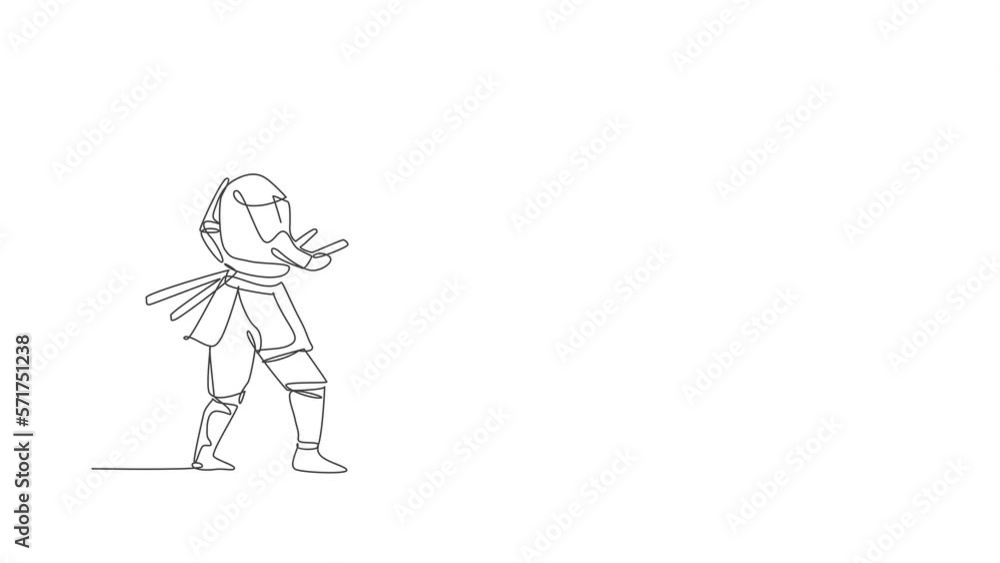 Vidéo Stock Animation of one line drawing of young Japanese samurai ...