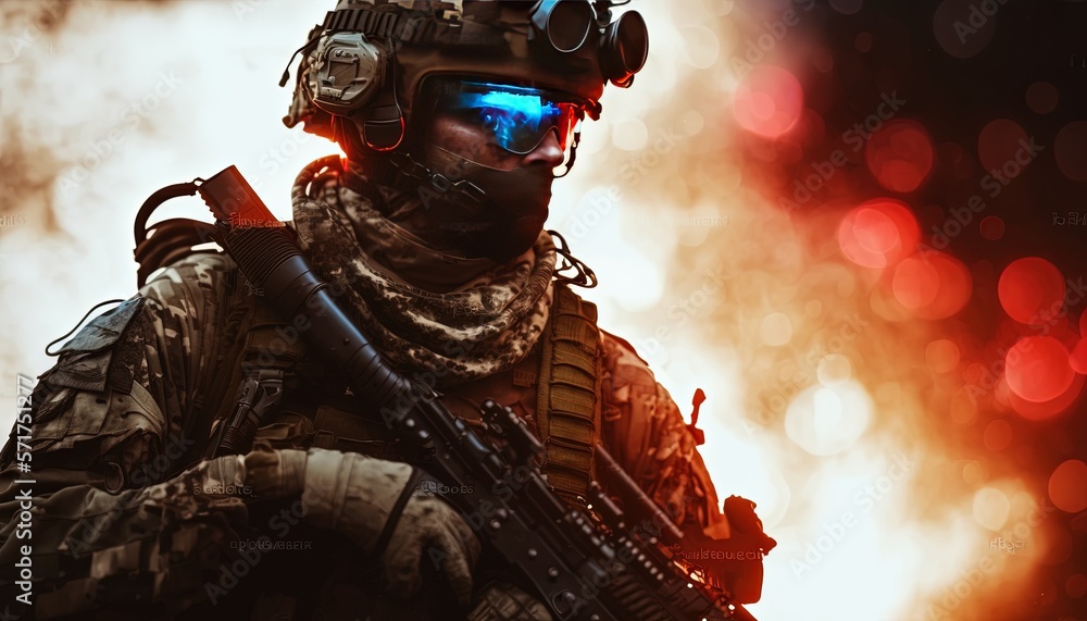 army soldier in red an blue bokeh background, good for military poster ...