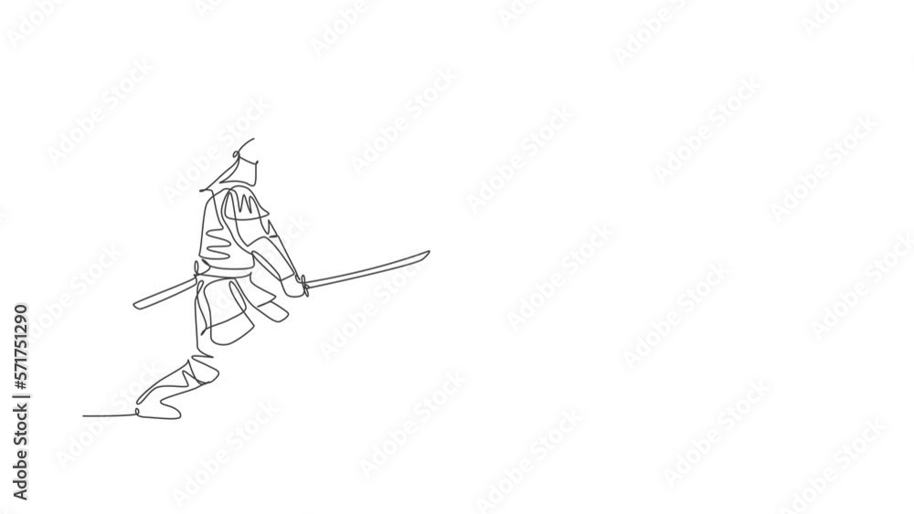 Animation of one line drawing of young Japanese samurai warrior holding ...