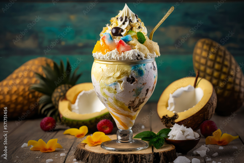 Fruity Fiesta Tropical Sundae with Exotic Fruits and Coconut Flakes ...