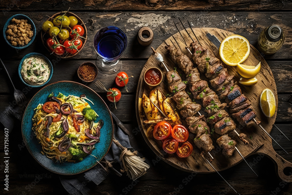 Middle eastern, arabic or mediterranean dinner table with grilled lamb ...