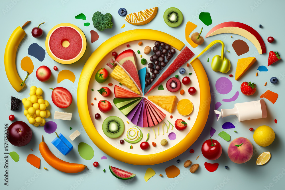 Vibrant collage of colorful fruits and veggies forming a border around ...