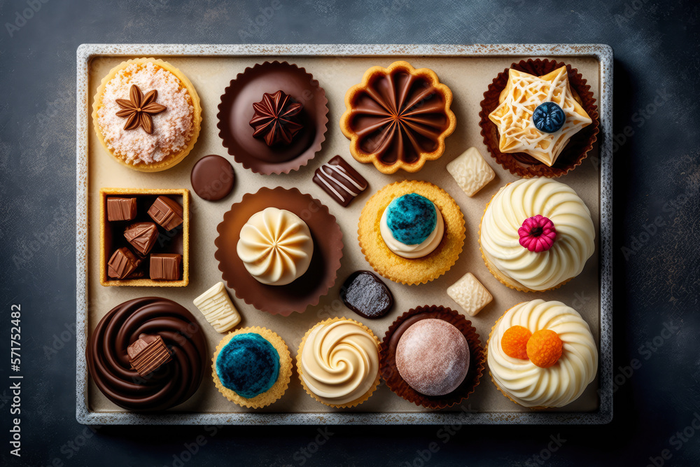mouth-watering top view display of various pastries and sweets arranged ...