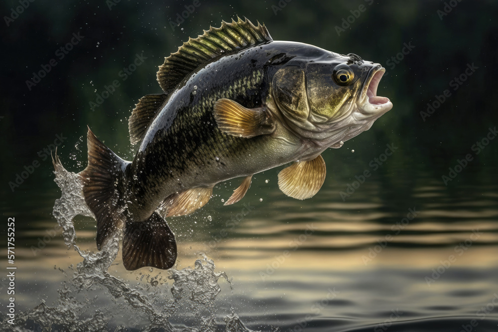 black bass fish jumping out of river water made by generative ai Stock ...