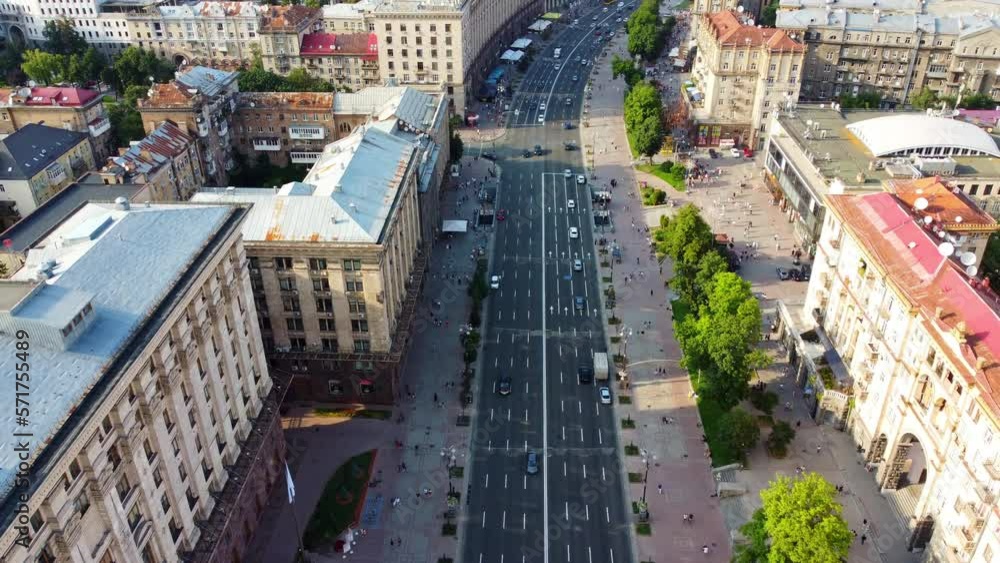Flying above the famous Khreschatyk street. Main street in the capital ...