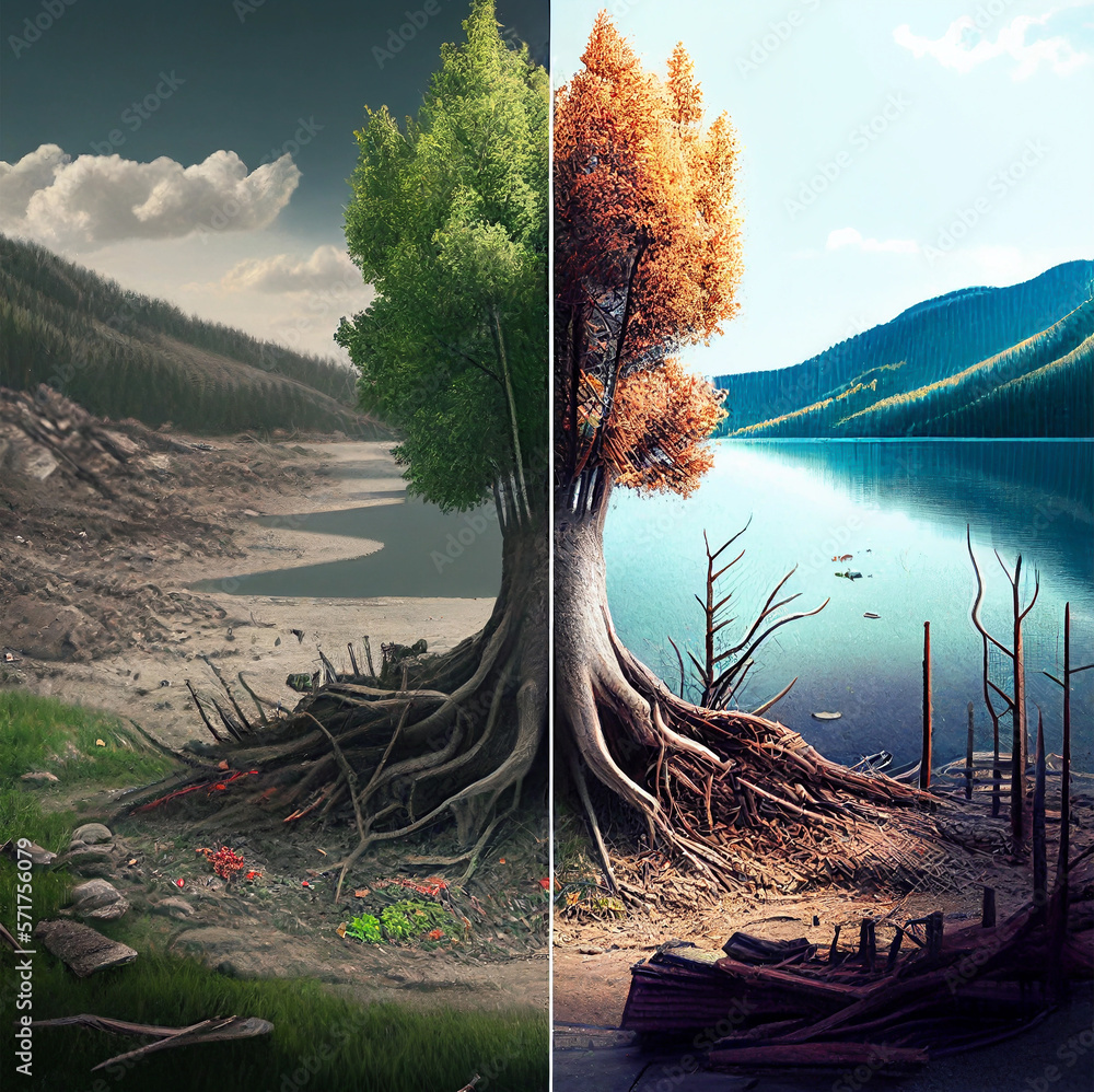Climate change, tree and earth in two parts, saving earth concept. Generative AI Stock ...
