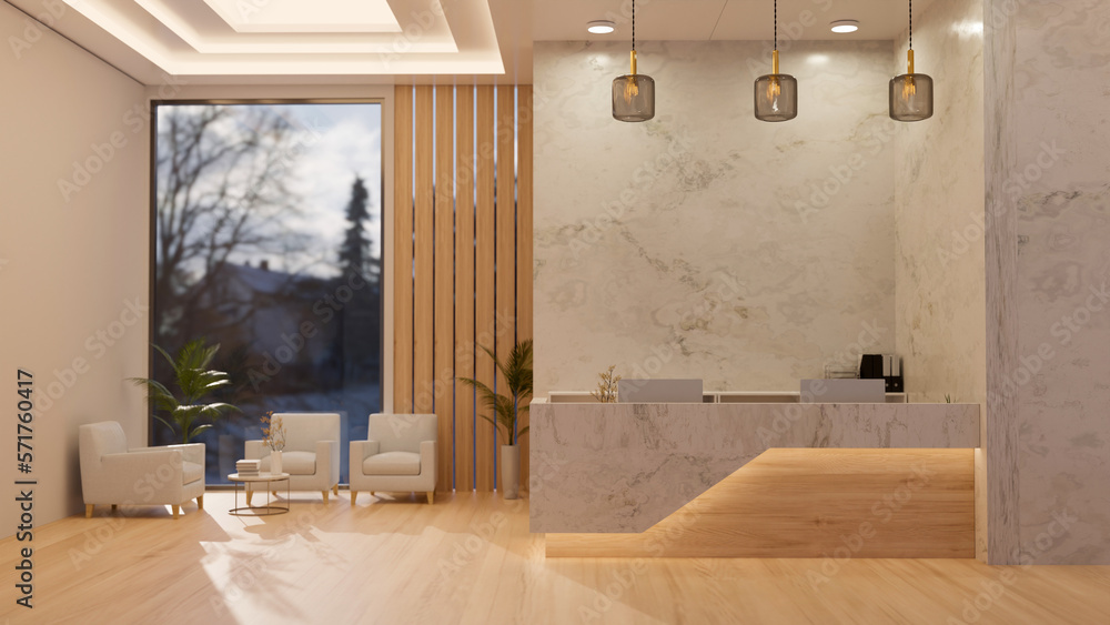 Poster Elegance modern reception interior in white marble and wood ...