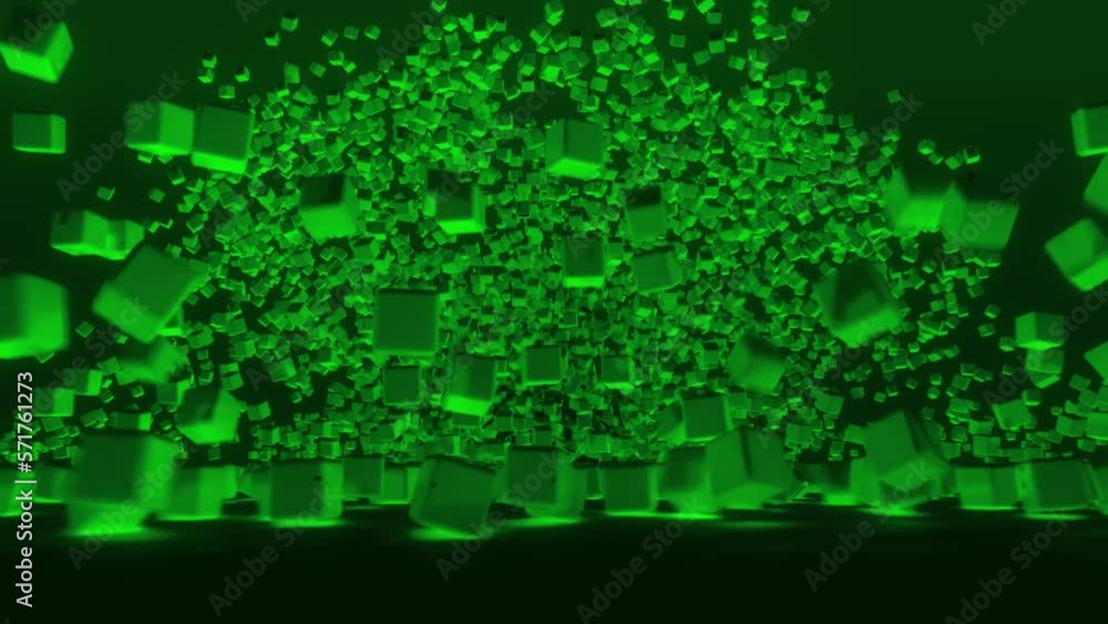 Data cloud animation. Neon green, matrix style cubes explode outwards ...