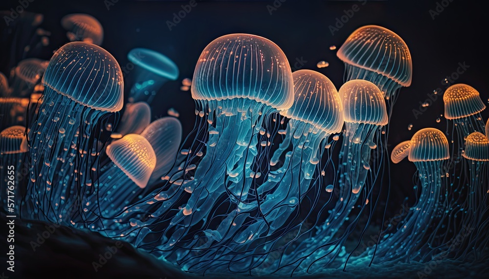 Bioluminescent jellyfish glowing purple and blue in the ocean. Sea ...