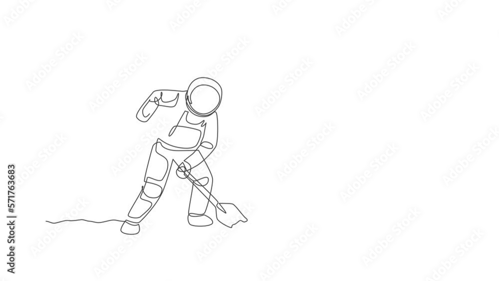 Animation of one single line drawing of astronaut digging up soil using ...