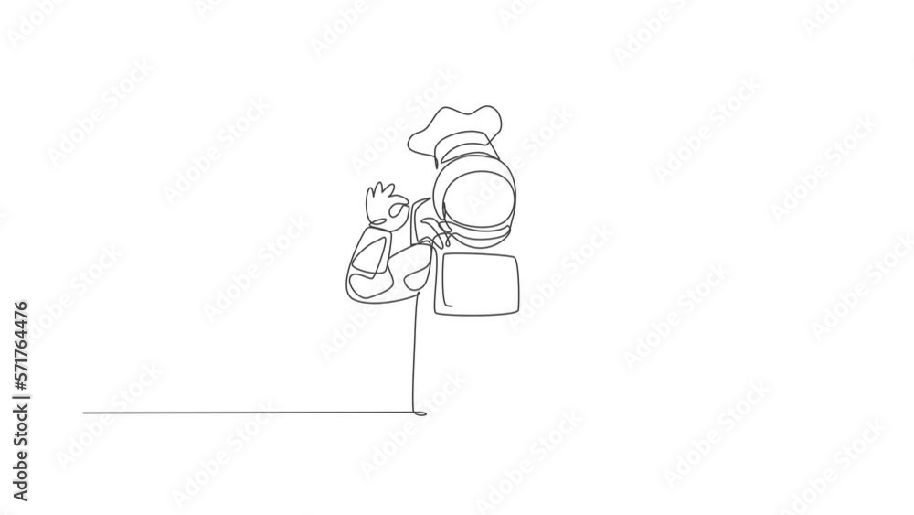 Animation of one single line drawing of young astronaut chef giving ...