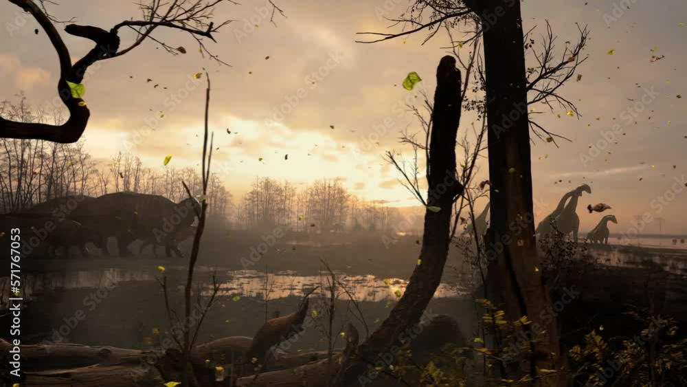 3D render animation of different species of dinosaurs walking together ...