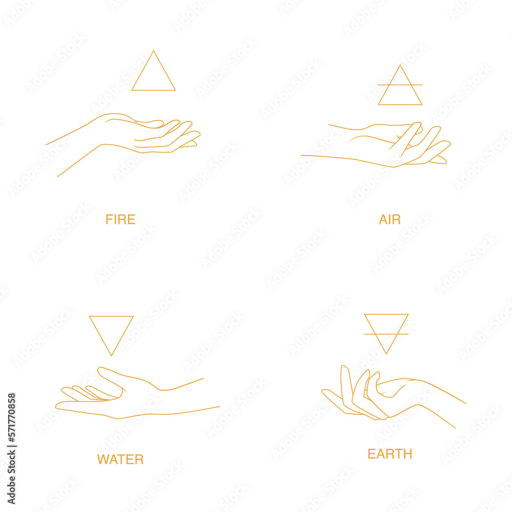Hands hold symbols of alchemical elements - fire, air, water, earth ...
