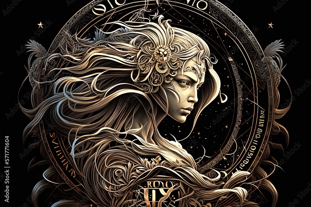 Backdrop of sacred zodiac Virgo symbols, astrology, alchemy, magic ...