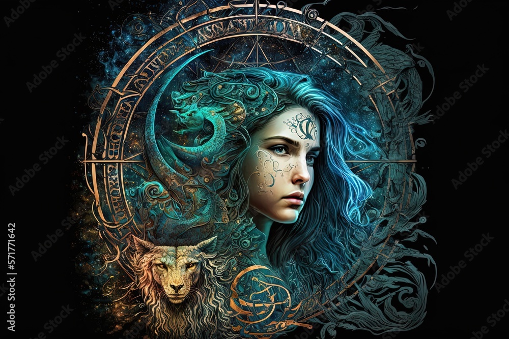 Backdrop of sacred zodiac Virgo symbols, astrology, alchemy, magic ...