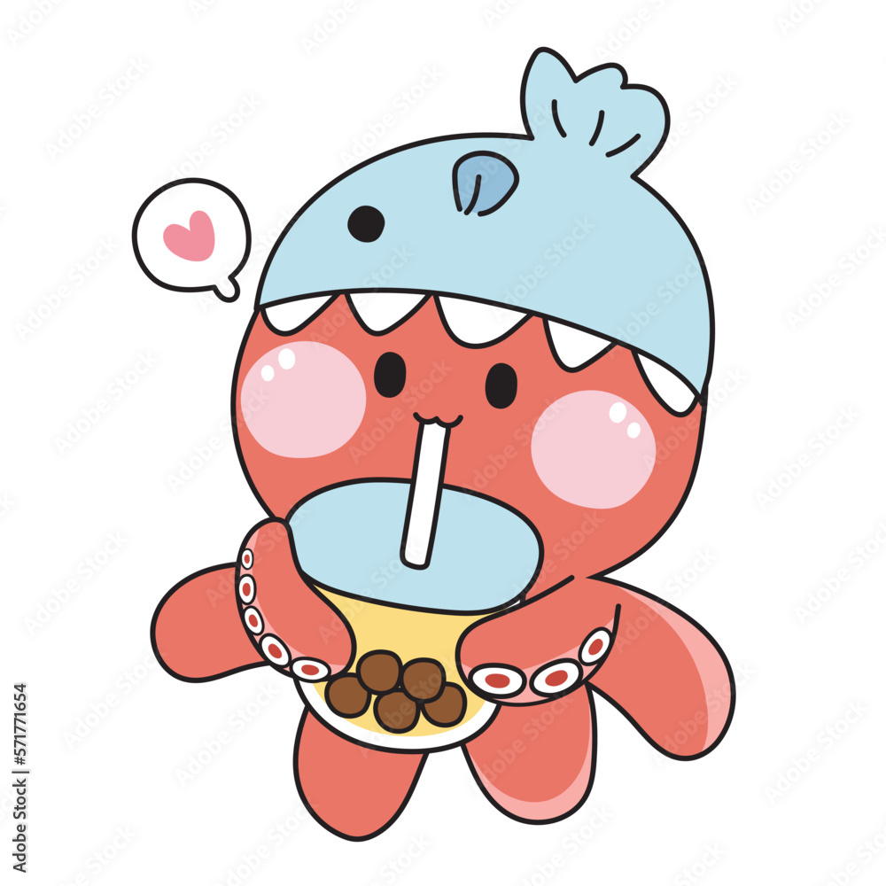Cute octopus wear fish hat costume drink bubble milk tea on white ...