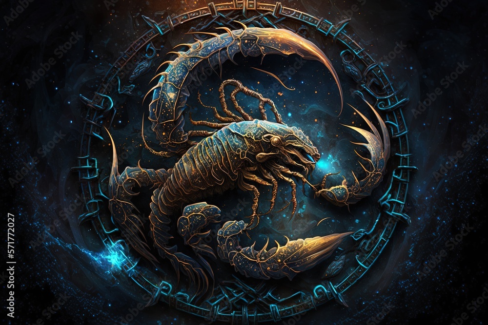 Backdrop of sacred zodiac Scorpius symbols, astrology, alchemy, magic ...