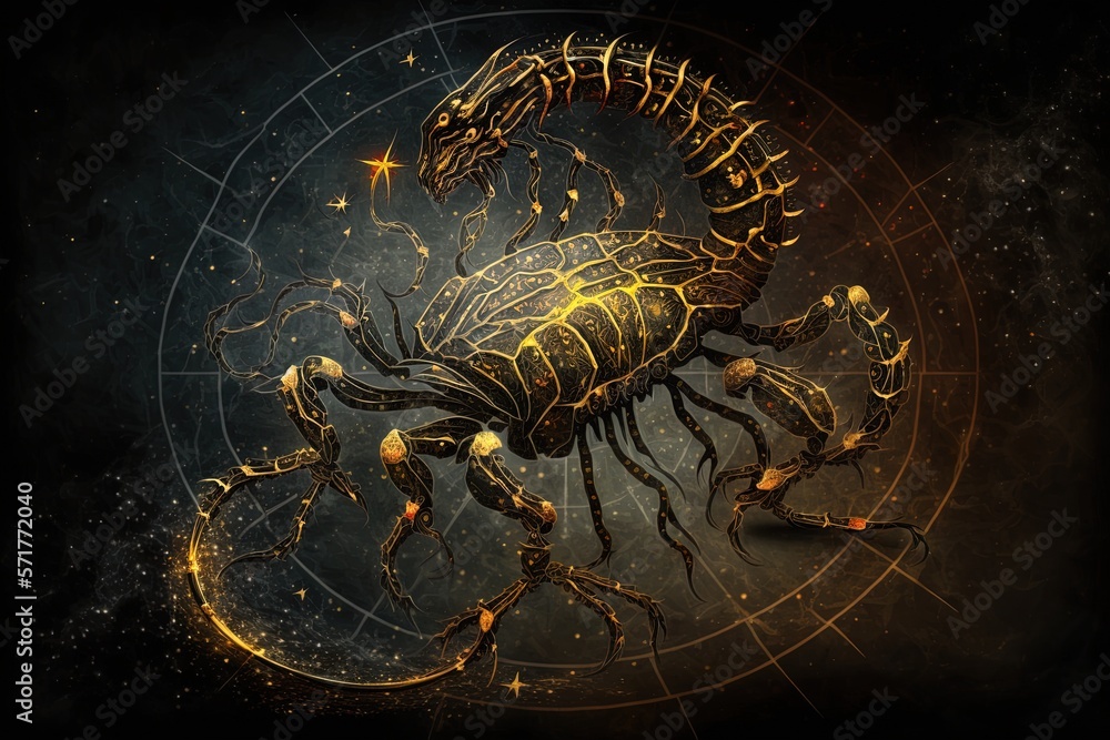 Backdrop of sacred zodiac Scorpius symbols, astrology, alchemy, magic ...