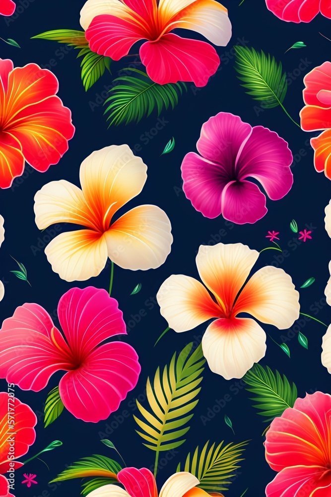 Hawaiian hibiscus flowers and palm trees in all over seamless patterns ...