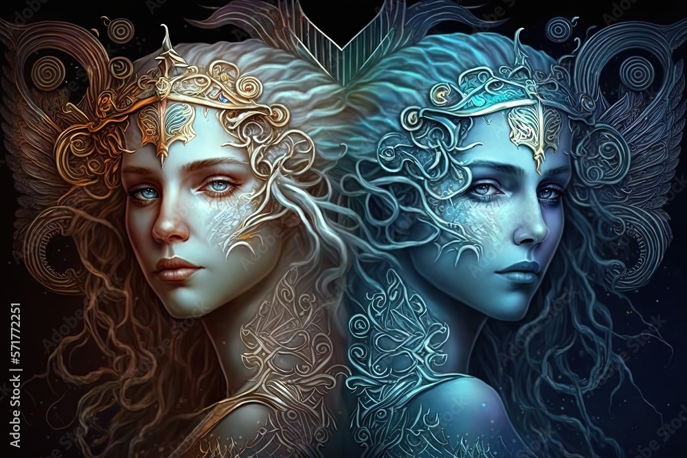 Backdrop of sacred zodiac Gemini symbols, astrology, alchemy, magic ...