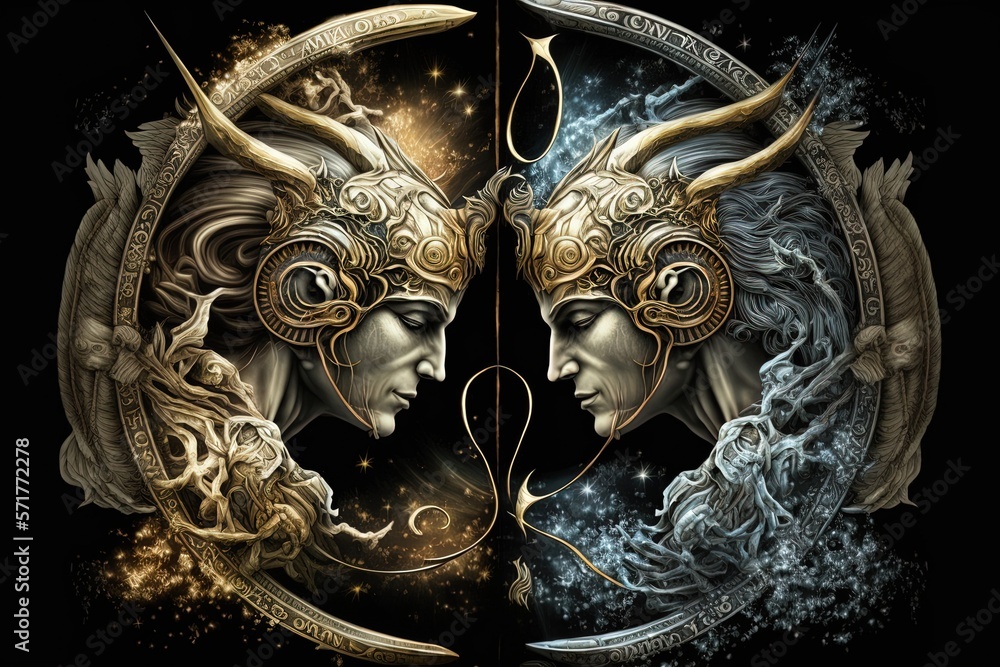 Backdrop of sacred zodiac Gemini symbols, astrology, alchemy, magic ...