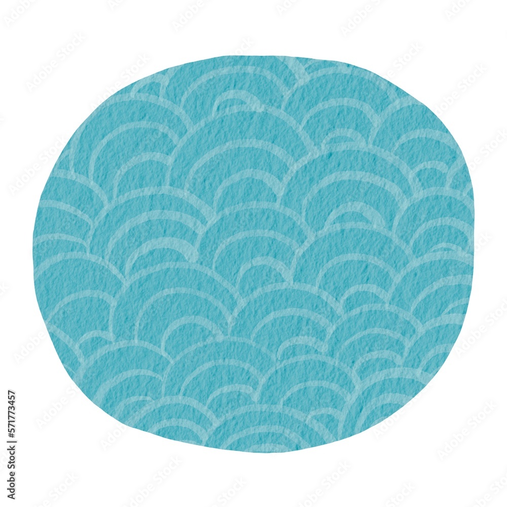 Japanese style water wave line in blue ocean round shape watercolor ...