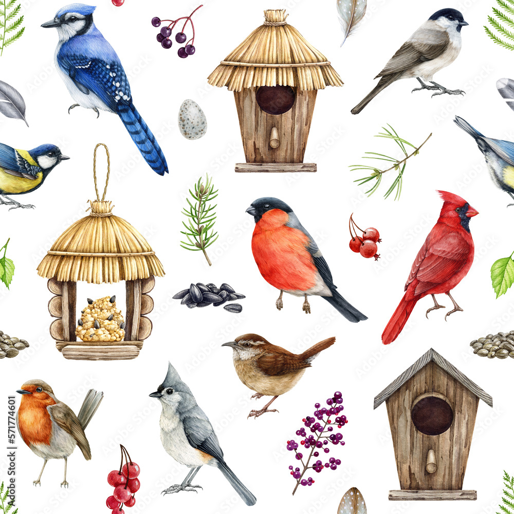Garden village birds with natural elements seamless pattern. Watercolor ...