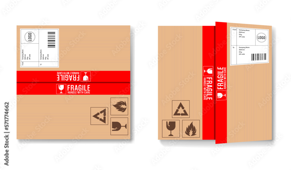 Carton delivery packaging with red adhesive tape marked fragile ...