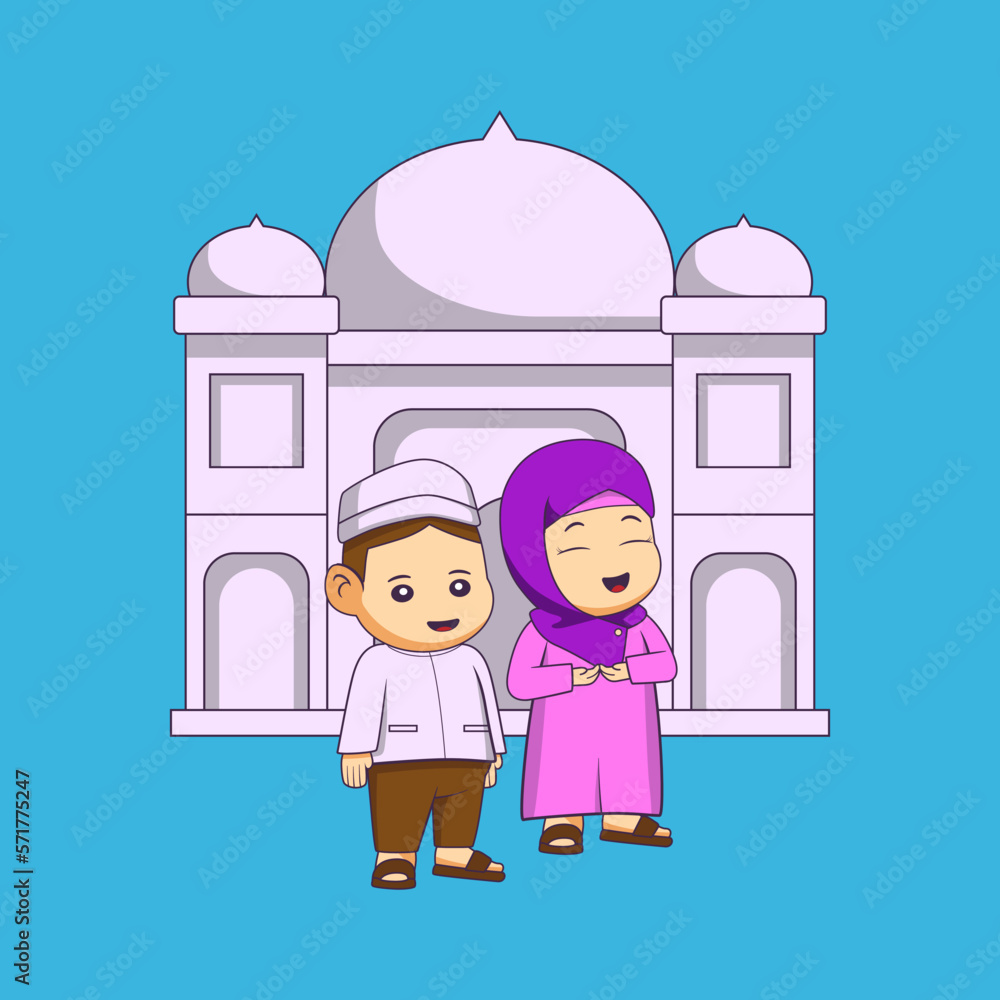 cute cartoons of moslem boy and girl characters with mosque backgrounds ...