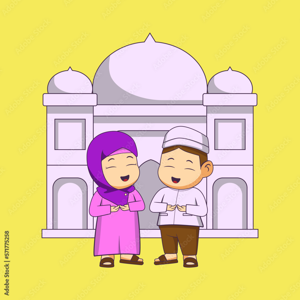 cute cartoons of moslem boy and girl characters with mosque backgrounds ...